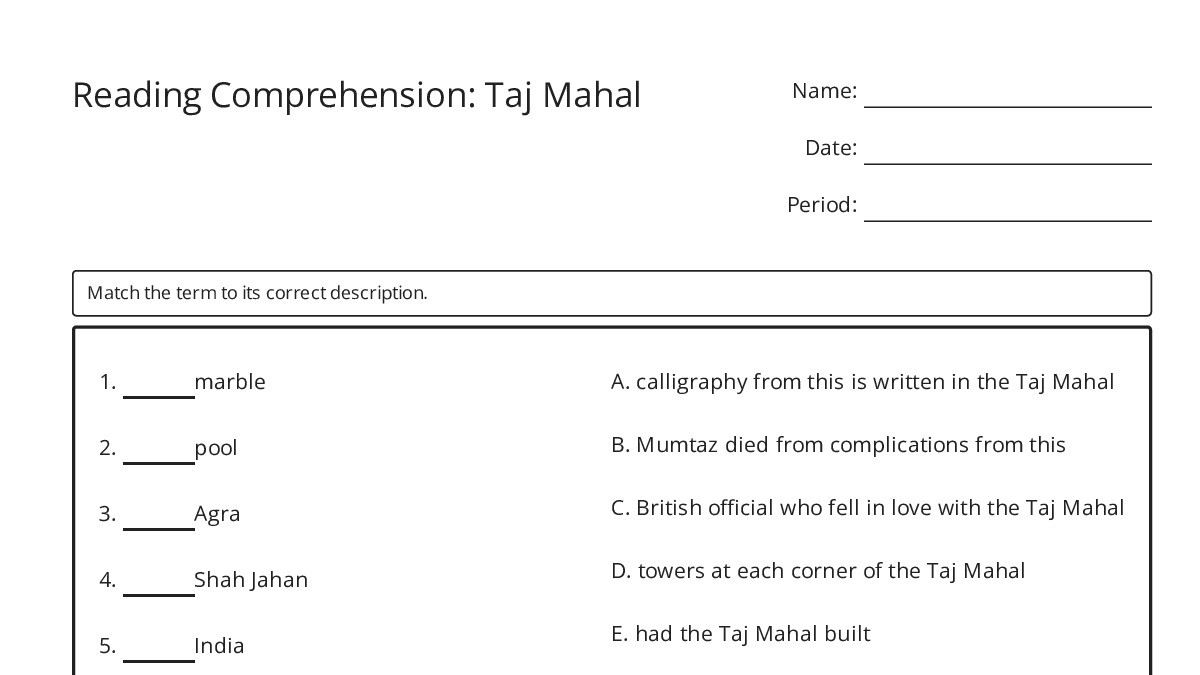 Reading Comprehension: Taj Mahal - My Worksheet Maker: Create Your Own ...