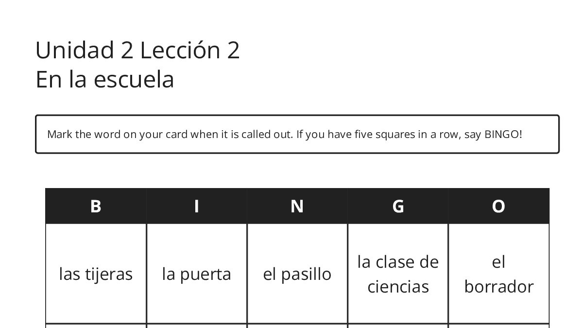 Unidad 2 Lección 2 En la escuela - My Bingo Maker: Create Your Own ...