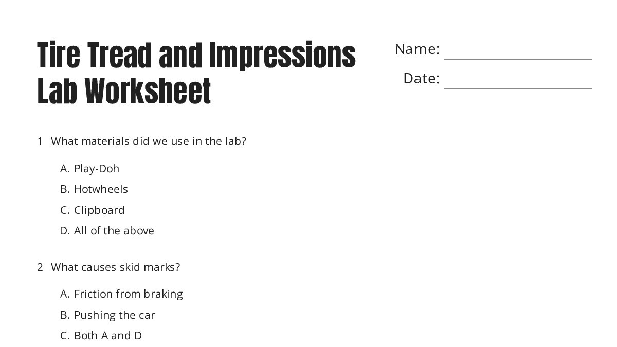 Tire Tread and Impressions Lab Worksheet - My Worksheet Maker: Create ...