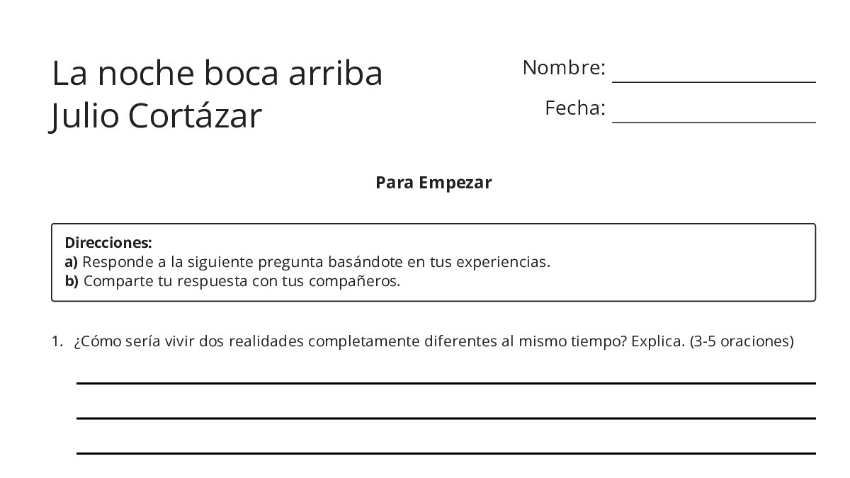 La noche boca arriba Julio Cortázar - My Worksheet Maker: Create Your ...