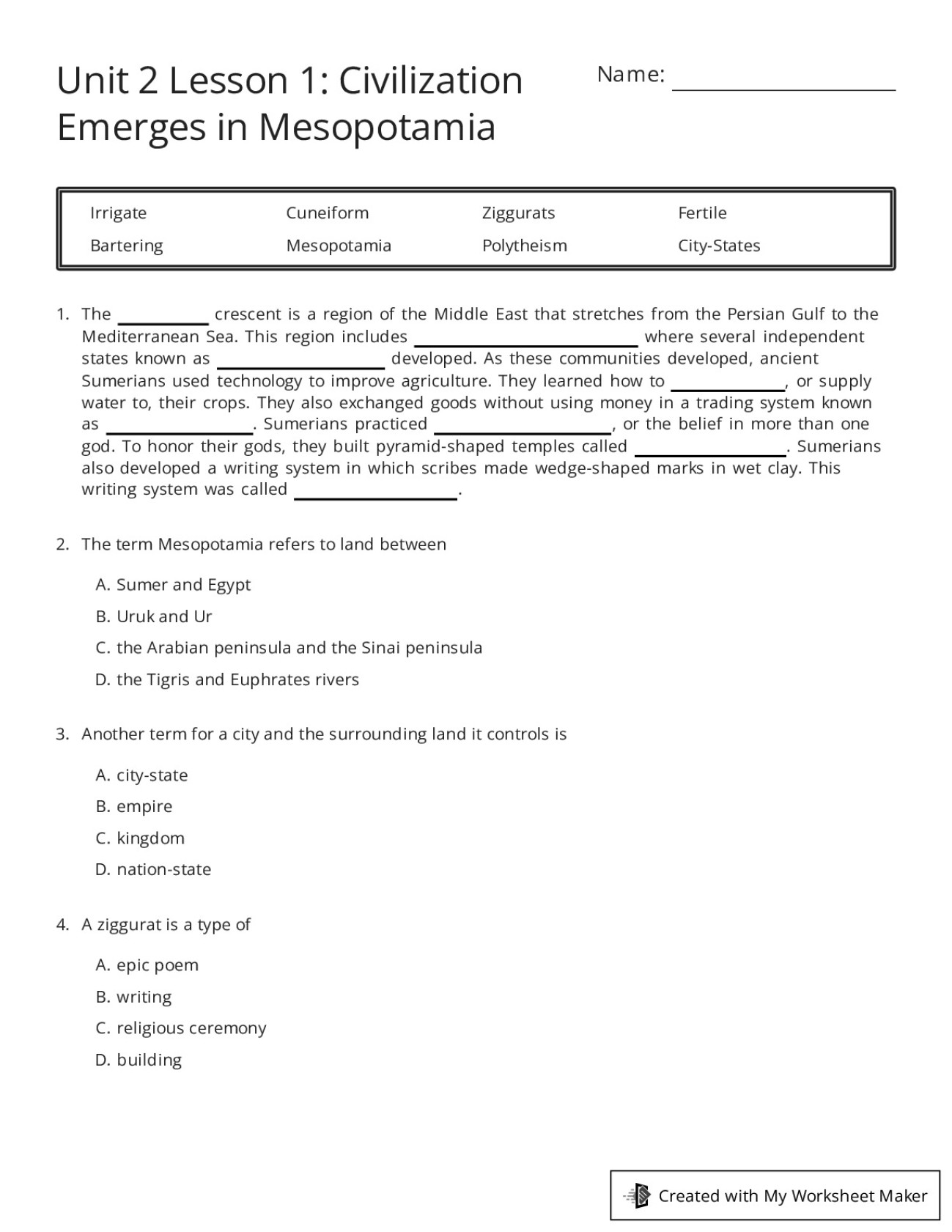 Mesopotamia Worksheet Unit 2 Lesson 1: Civilization Emerges In