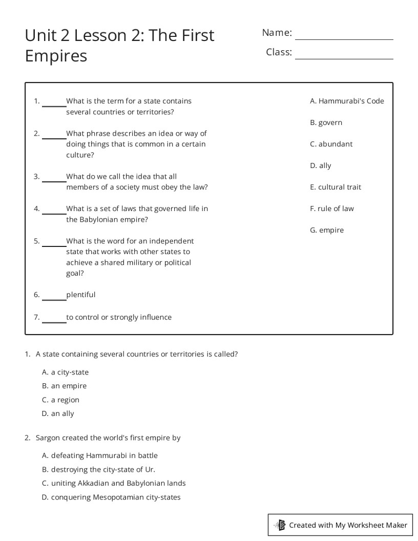 Unit 2 Lesson 2: The First Empires - My Worksheet Maker: Create Your ...