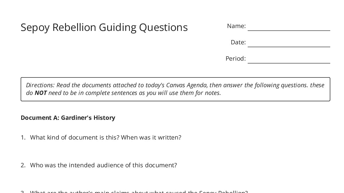 Sepoy Rebellion Guiding Questions - My Worksheet Maker: Create Your Own ...