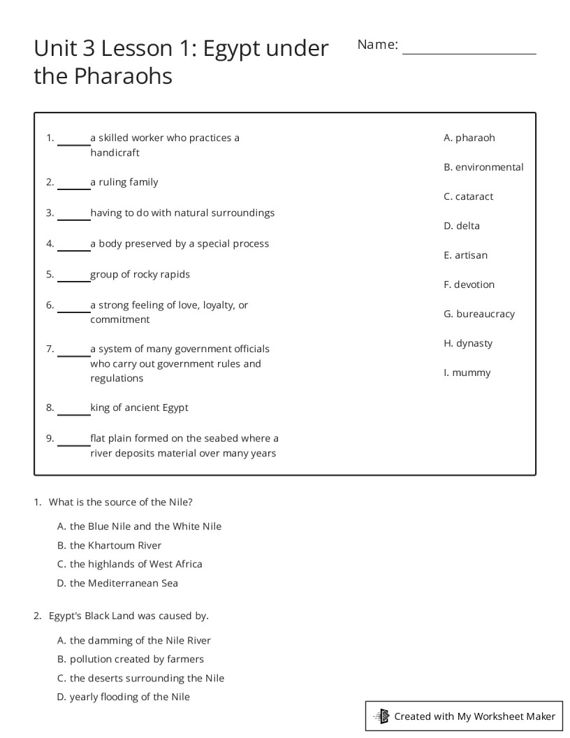 Unit 3 Lesson 1: Egypt under the Pharaohs - My Worksheet Maker: Create ...