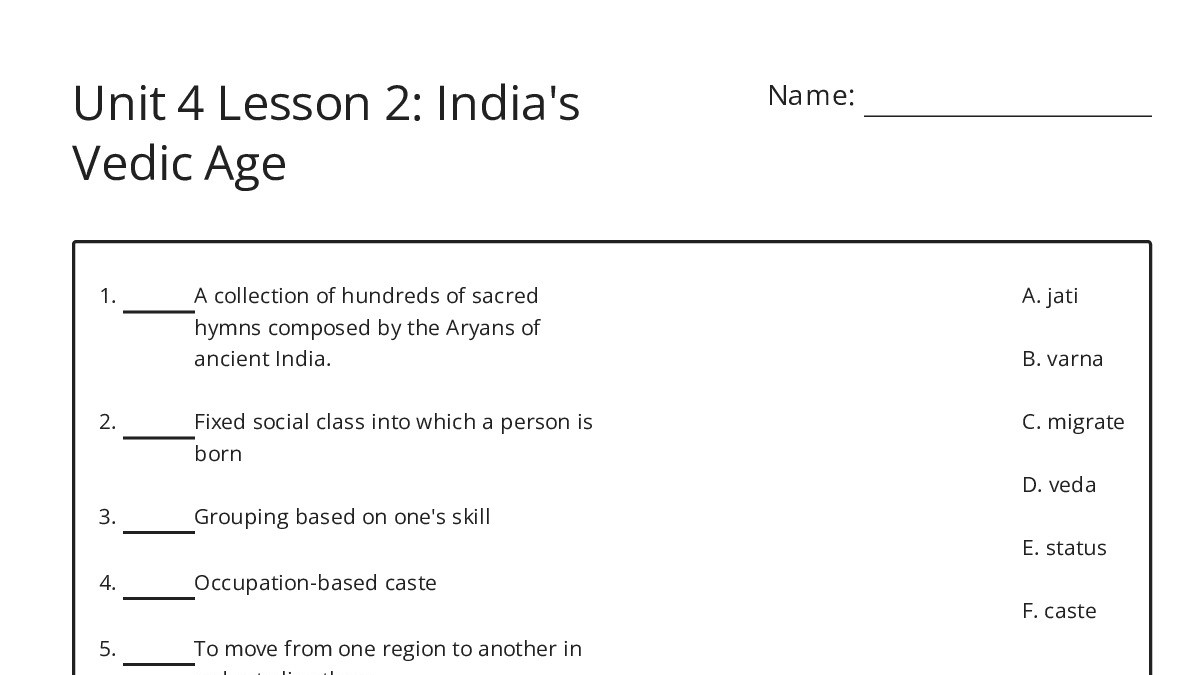 Unit 4 Lesson 2: India's Vedic Age - My Worksheet Maker: Create Your ...