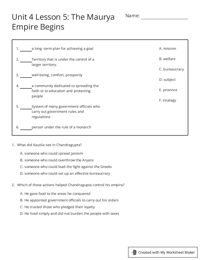 Unit 4 Lesson 5: The MauryaEmpire Begins - My Worksheet Maker: Create ...