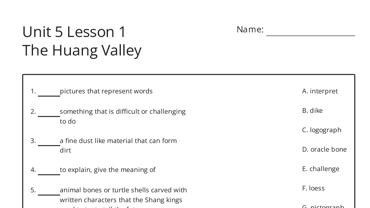 Unit 5 Lesson 1 The Huang Valley - My Worksheet Maker: Create Your Own ...