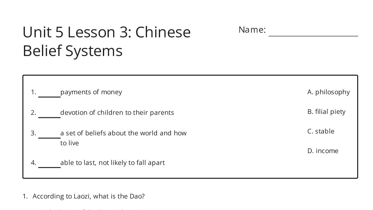 Unit 5 Lesson 3: Chinese Belief Systems - My Worksheet Maker: Create ...