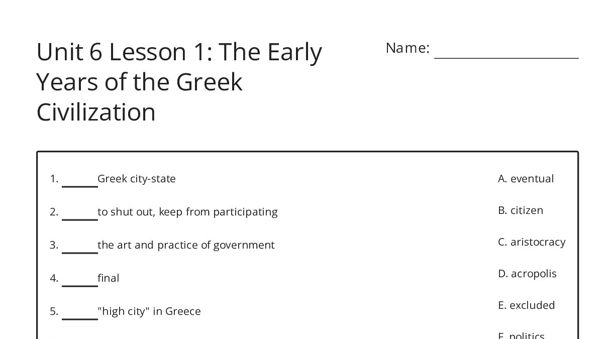 Unit 6 Lesson 1: The Early Years of the Greek Civilization - My ...