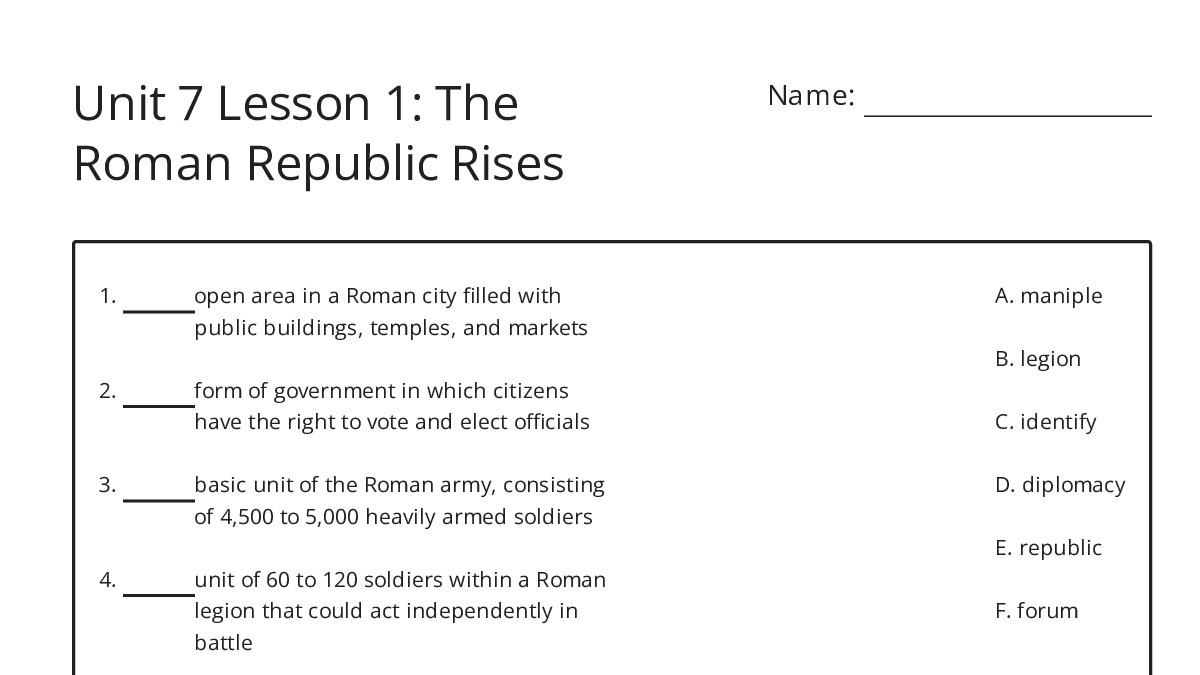 Unit 7 Lesson 1: The Roman Republic Rises - My Worksheet Maker: Create ...