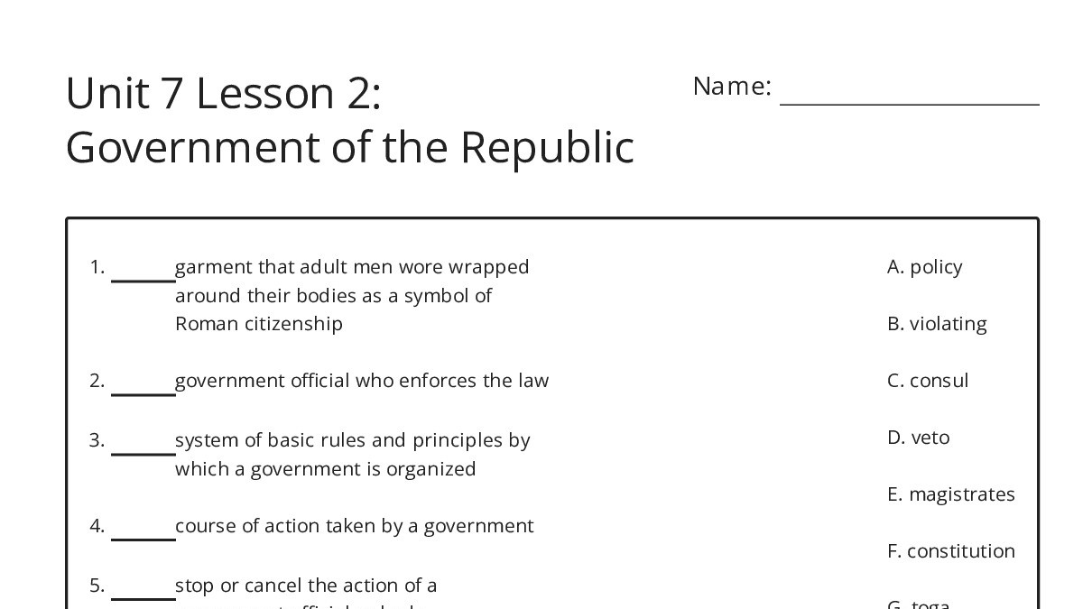 Unit 7 Lesson 2: Government of the Republic - My Worksheet Maker ...