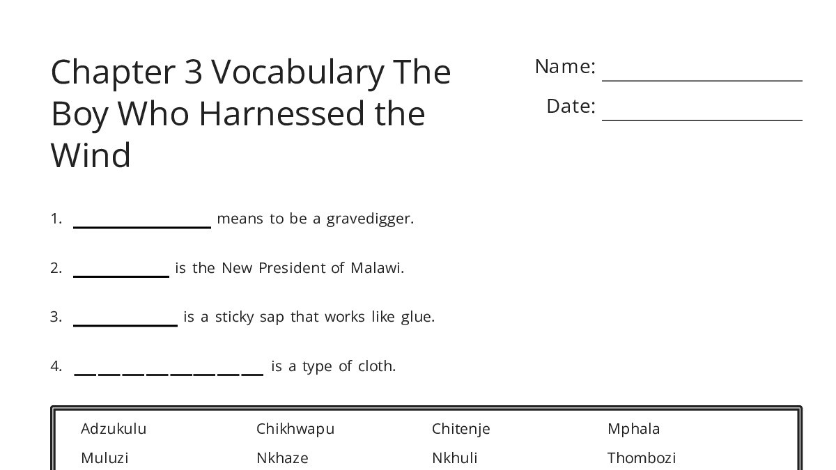 Chapter 3 Vocabulary The Boy Who Harnessed the Wind - My Worksheet ...