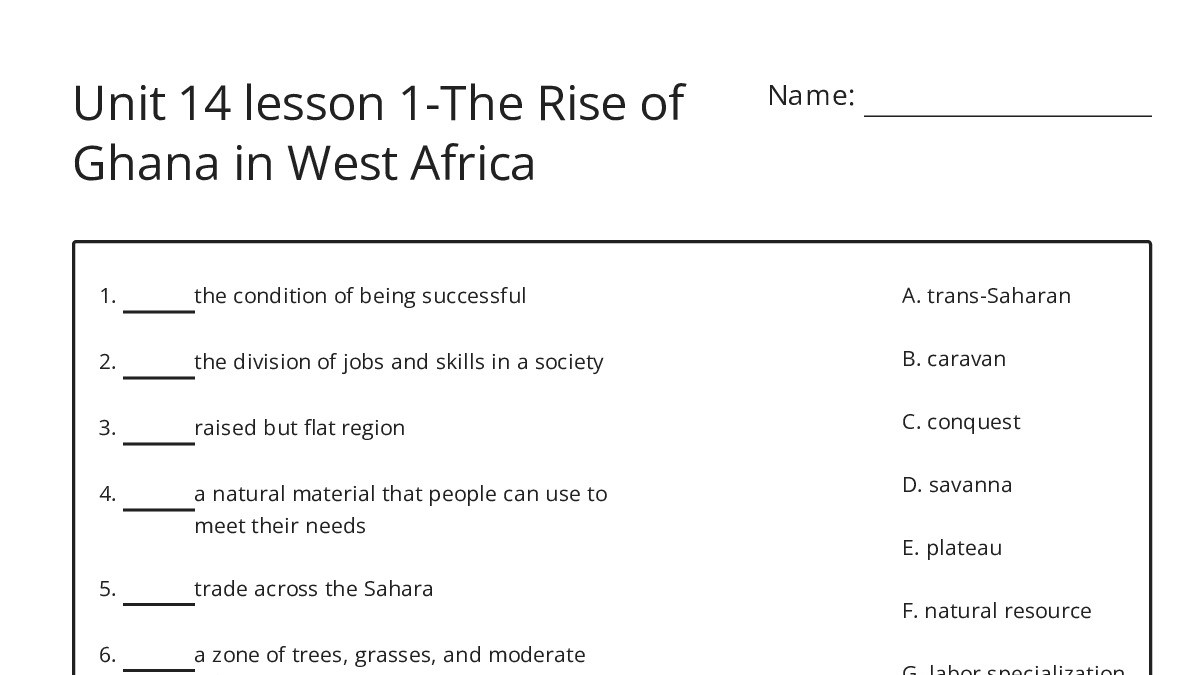 Unit 14 lesson 1-The Rise of Ghana in West Africa - My Worksheet Maker ...