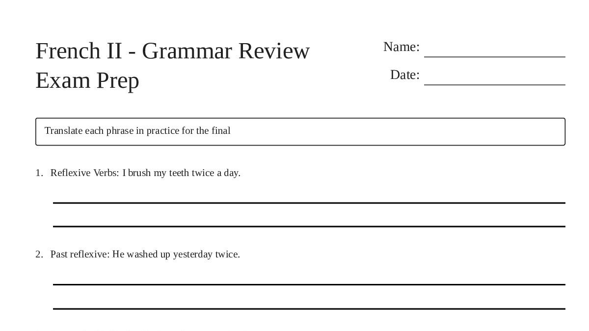 French II - Grammar Review Exam Prep - My Worksheet Maker: Create Your ...