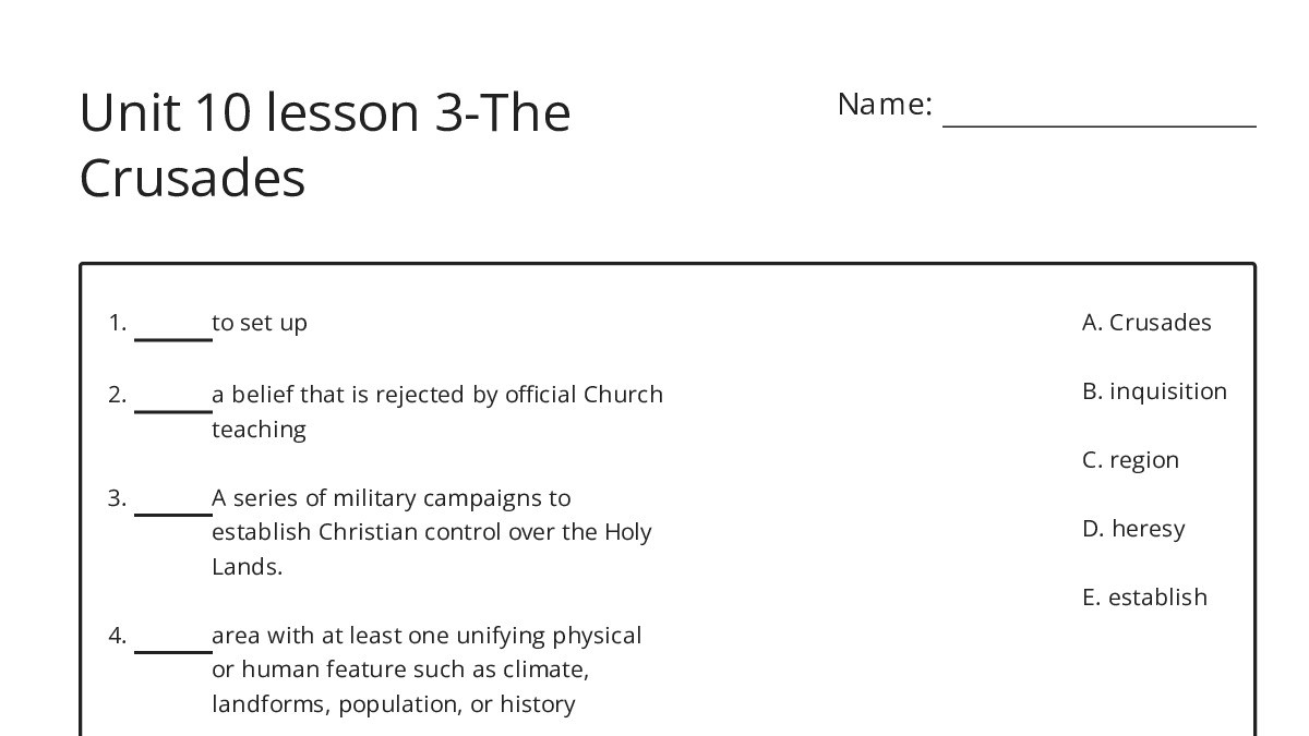 Unit 10 lesson 3-The Crusades - My Worksheet Maker: Create Your Own ...
