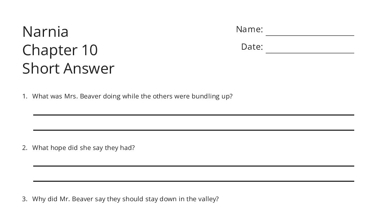 Narnia Chapter 10 Short Answer - My Worksheet Maker: Create Your Own ...