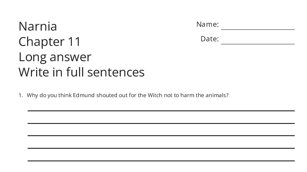 Narnia Chapter 11 Long answer Write in full sentences - My Worksheet ...