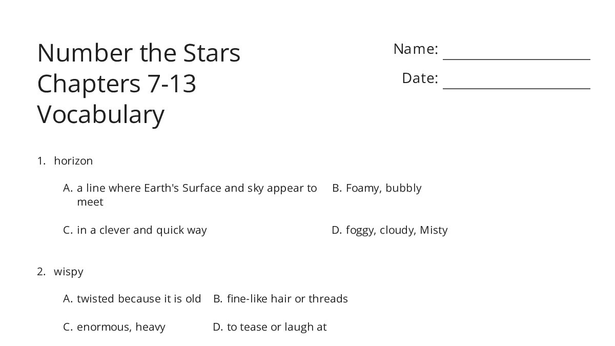 Number the Stars Chapters 7-13 Vocabulary - My Worksheet Maker: Create ...