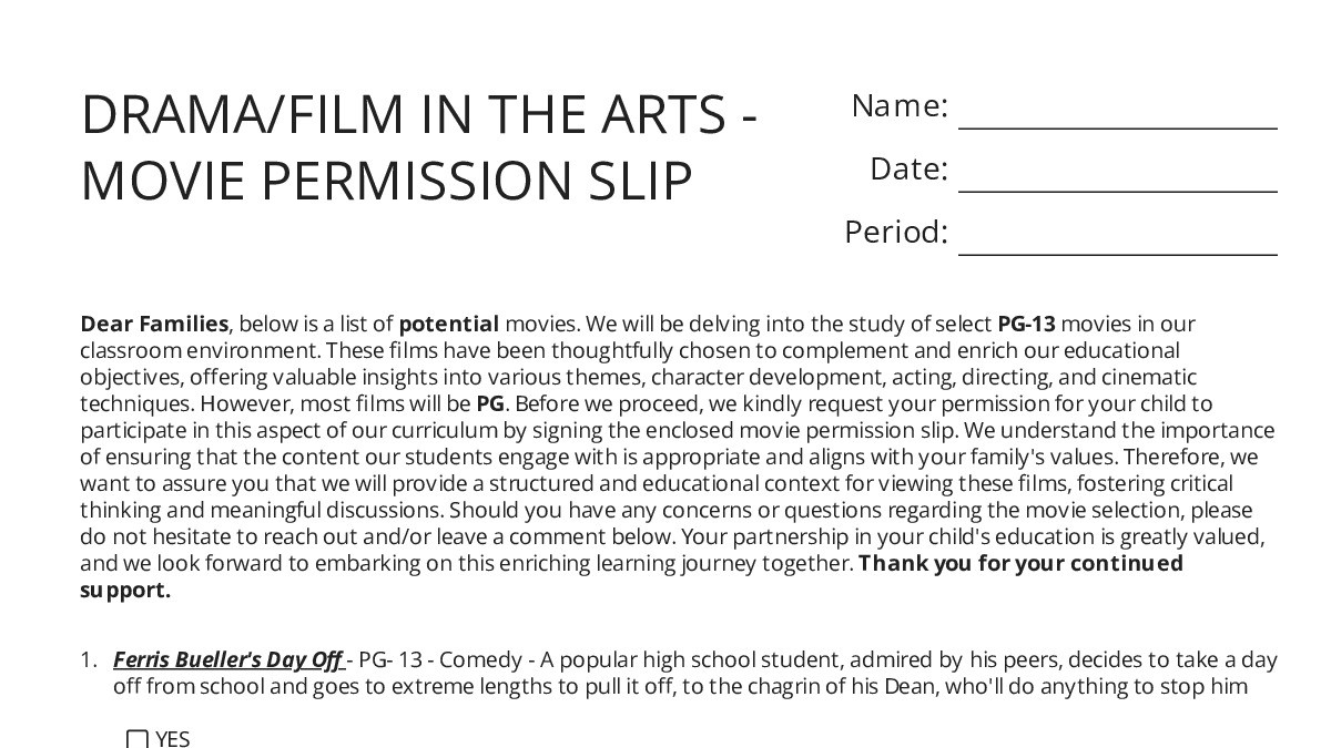 DRAMA/FILM IN THE ARTS - MOVIE PERMISSION SLIP - My Worksheet Maker ...
