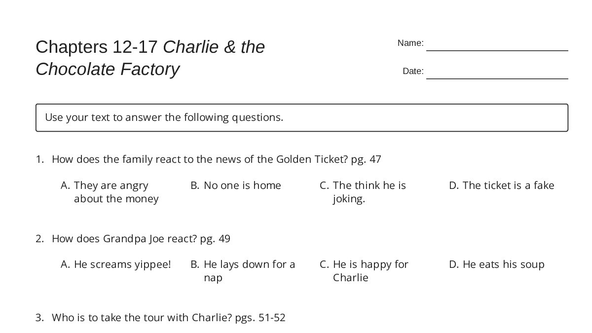 Chapters 12-17 Charlie & the Chocolate Factory - My Worksheet Maker ...