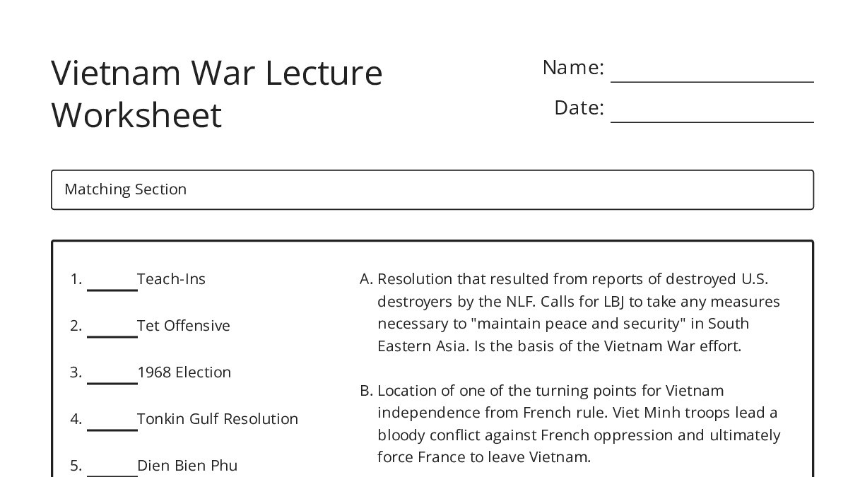 Vietnam War Lecture Worksheet - My Worksheet Maker: Create Your Own ...