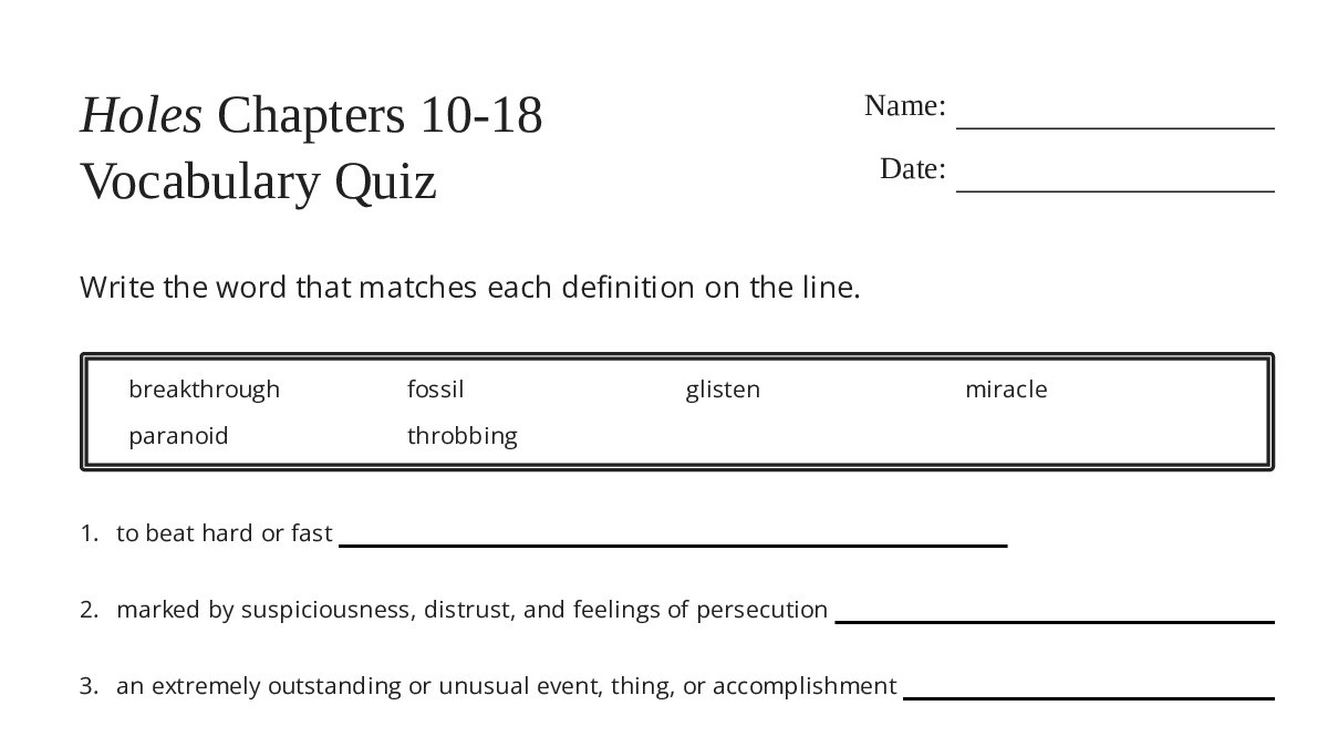 Holes Chapters 10-18 Vocabulary Quiz - My Worksheet Maker: Create Your ...