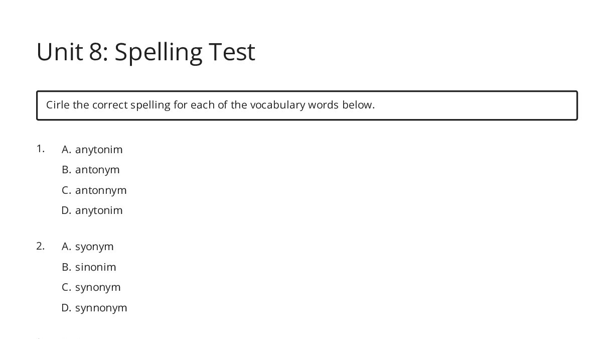 Unit 8: Spelling Test - My Worksheet Maker: Create Your Own Worksheets