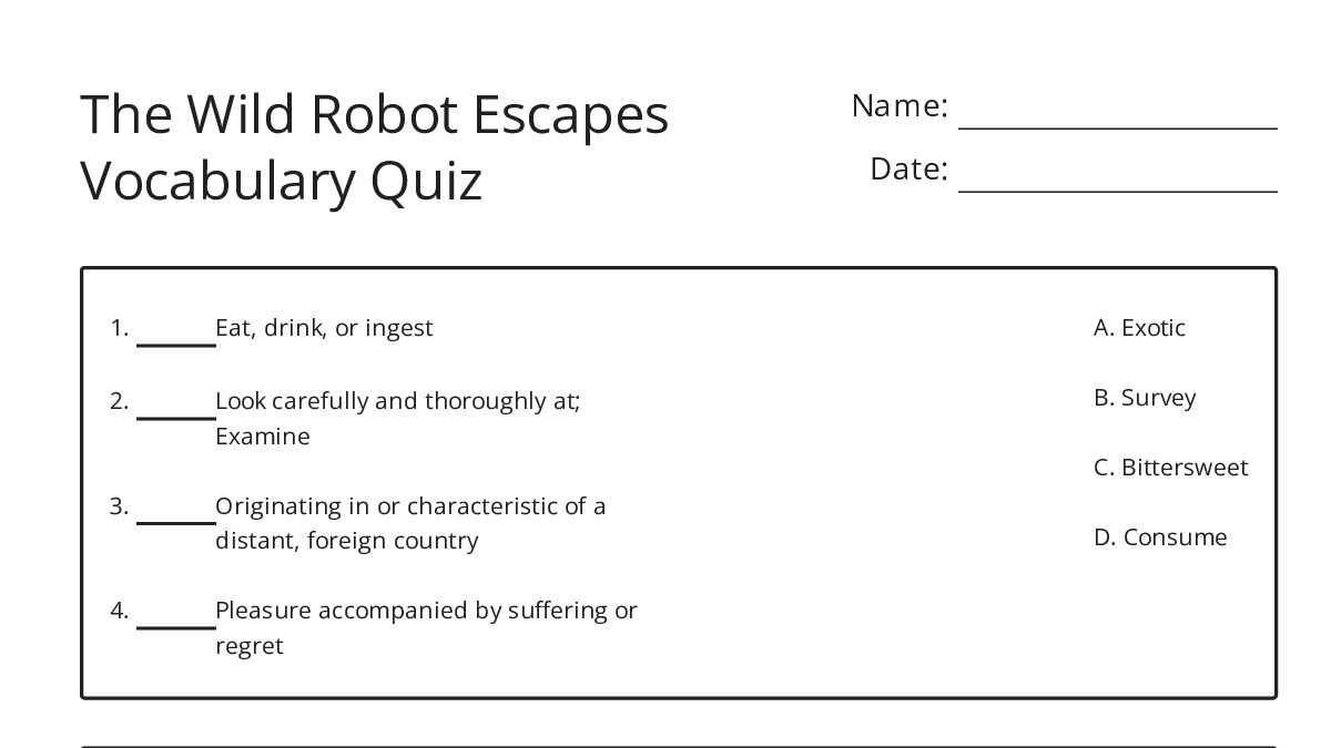 The Wild Robot Escapes Vocabulary Quiz - My Worksheet Maker: Create ...
