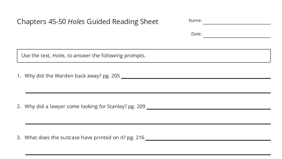 Chapters 45-50 Holes Guided Reading Sheet - My Worksheet Maker: Create ...