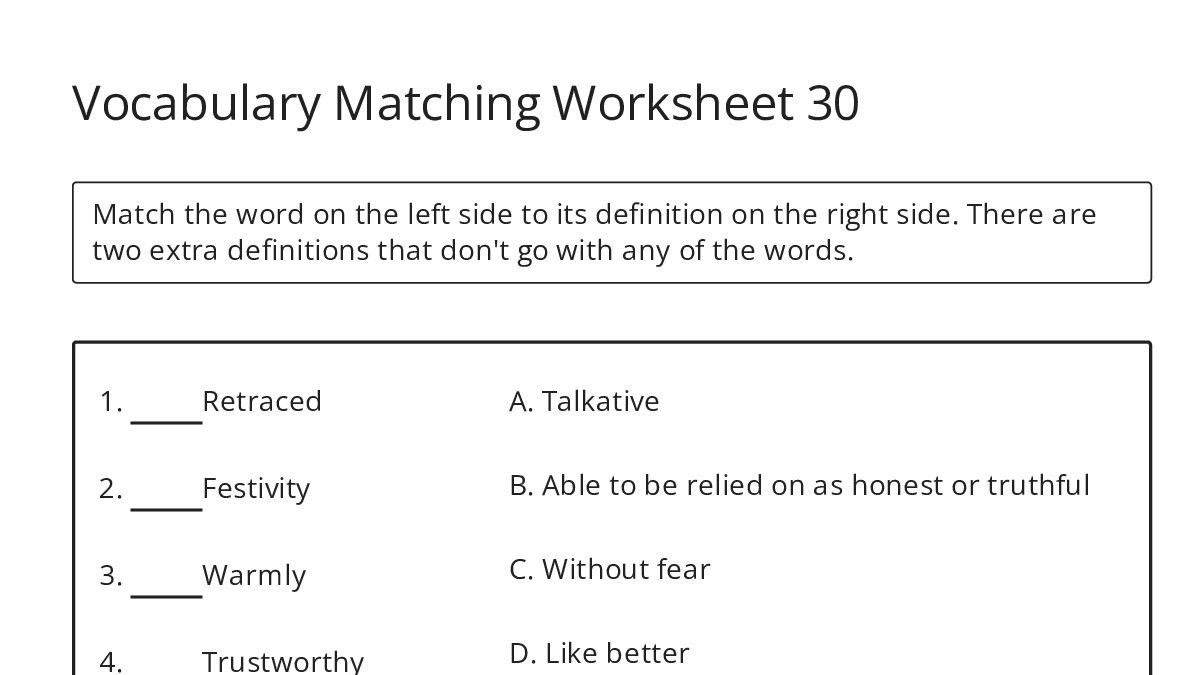 Vocabulary Matching Worksheet 30 - My Worksheet Maker: Create Your Own ...