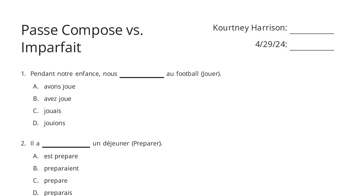 Passe Compose vs. Imparfait - My Worksheet Maker: Create Your Own ...