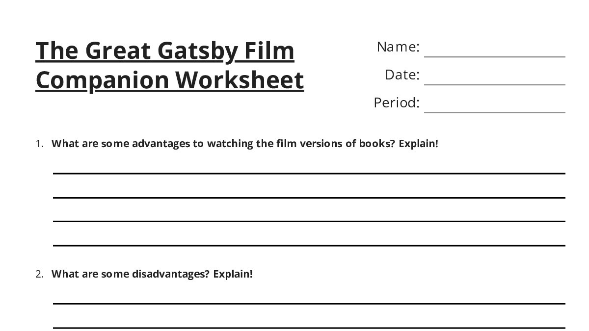 The Great Gatsby Film Companion Worksheet - My Worksheet Maker: Create ...