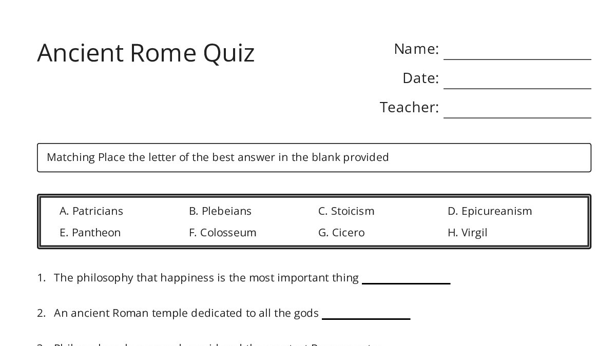 Ancient Rome Quiz - My Worksheet Maker: Create Your Own Worksheets