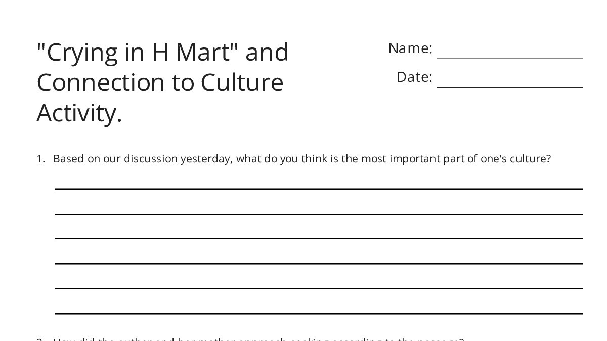 "Crying in H Mart" and Connection to Culture Activity. - My Worksheet ...