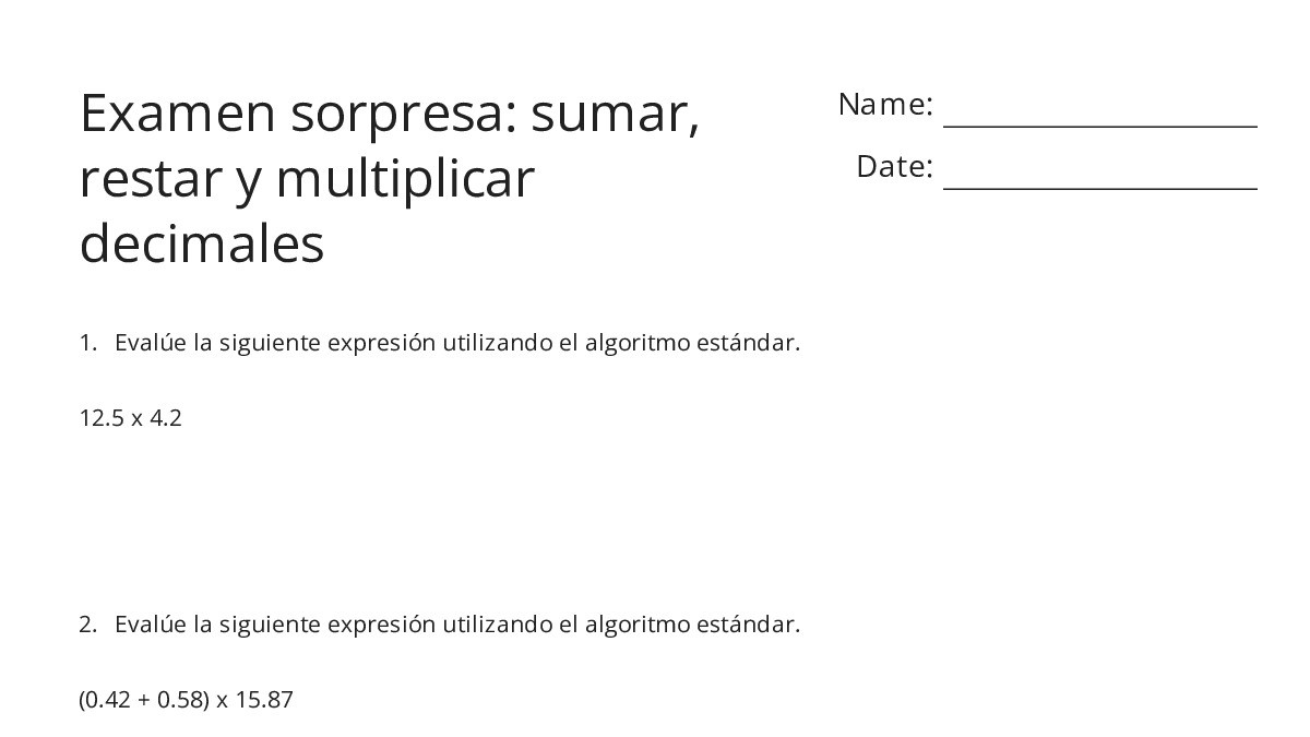 Examen sorpresa: sumar, restar y multiplicar decimales - My Worksheet ...