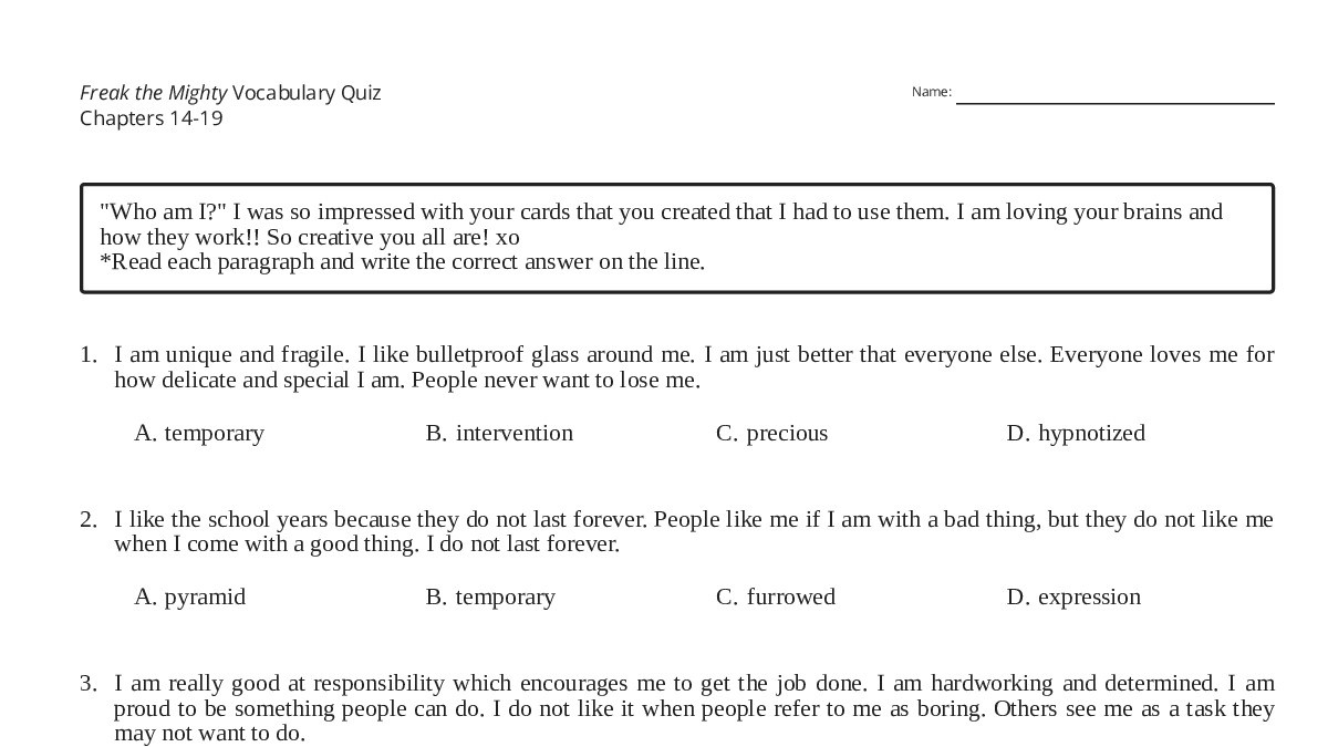 Freak the Mighty Vocabulary Quiz Chapters 14-19 - My Worksheet Maker ...