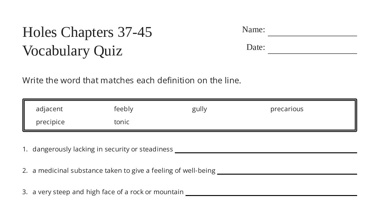 Holes Chapters 37-45 Vocabulary Quiz - My Worksheet Maker: Create Your ...