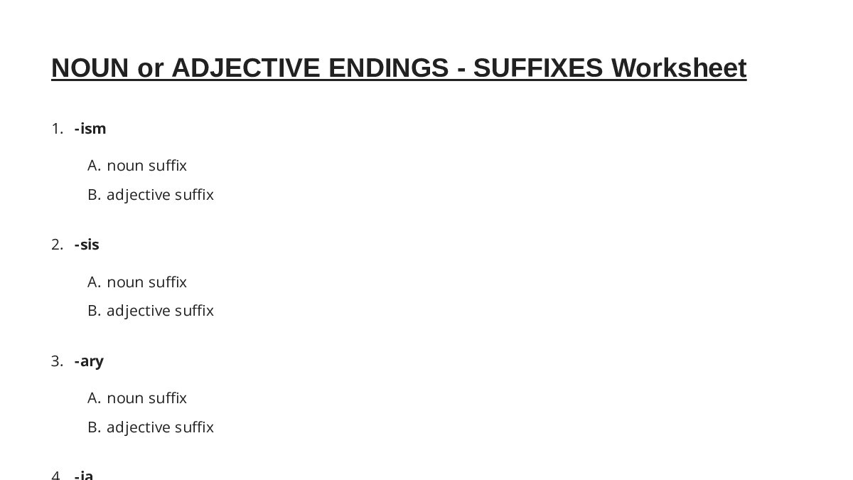 NOUN or ADJECTIVE ENDINGS - SUFFIXES Worksheet - My Worksheet Maker ...
