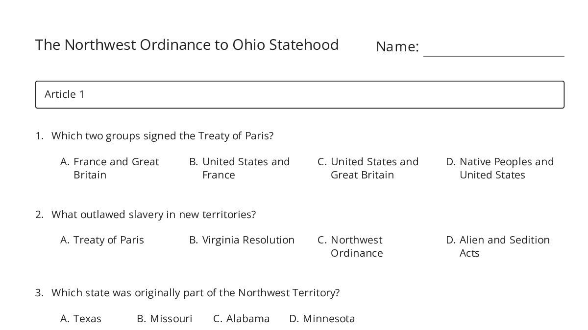 The Northwest Ordinance to Ohio Statehood - My Worksheet Maker: Create ...