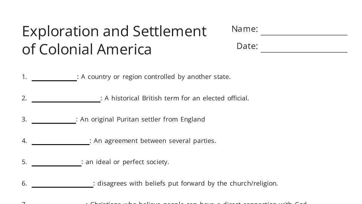 Exploration and Settlement of Colonial America - My Worksheet Maker ...