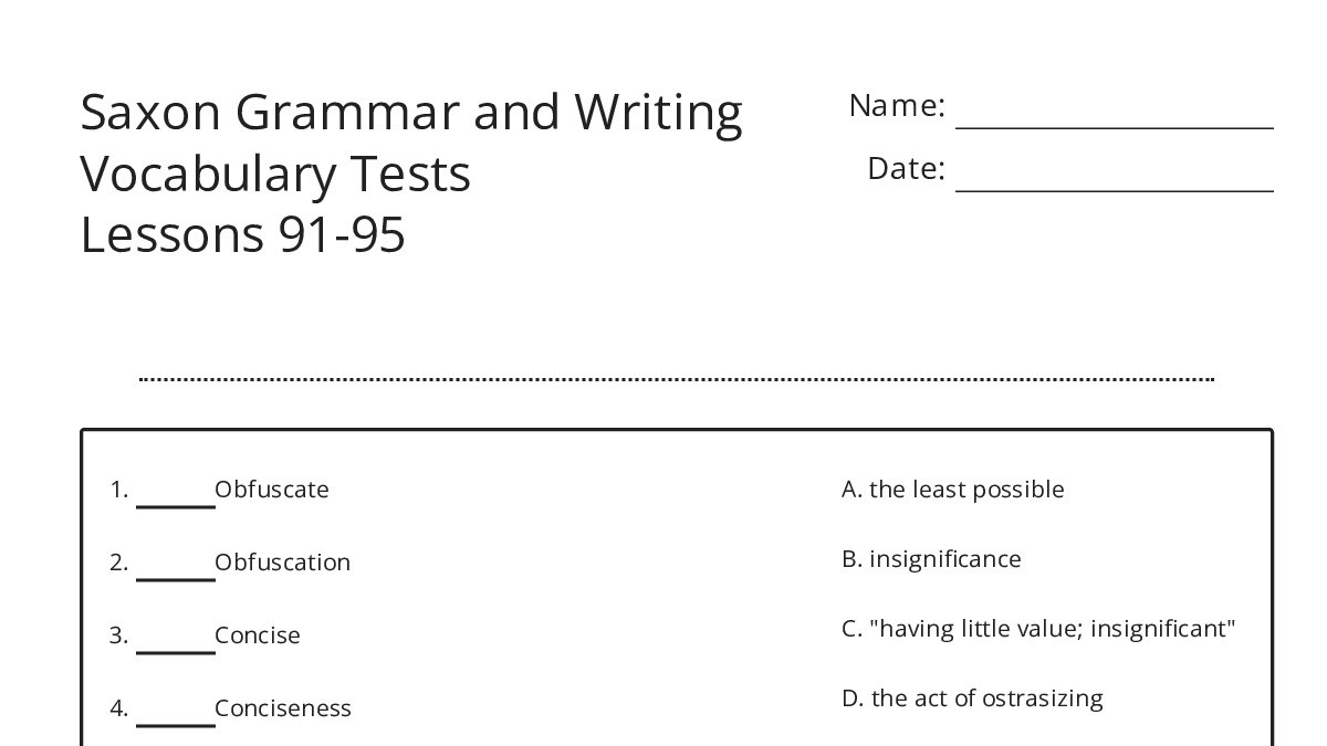 Saxon Grammar and Writing Vocabulary Tests Lessons 91-95 - My Worksheet ...