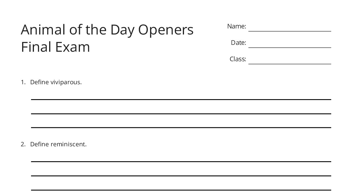 Animal of the Day Openers Final Exam - My Worksheet Maker: Create Your ...