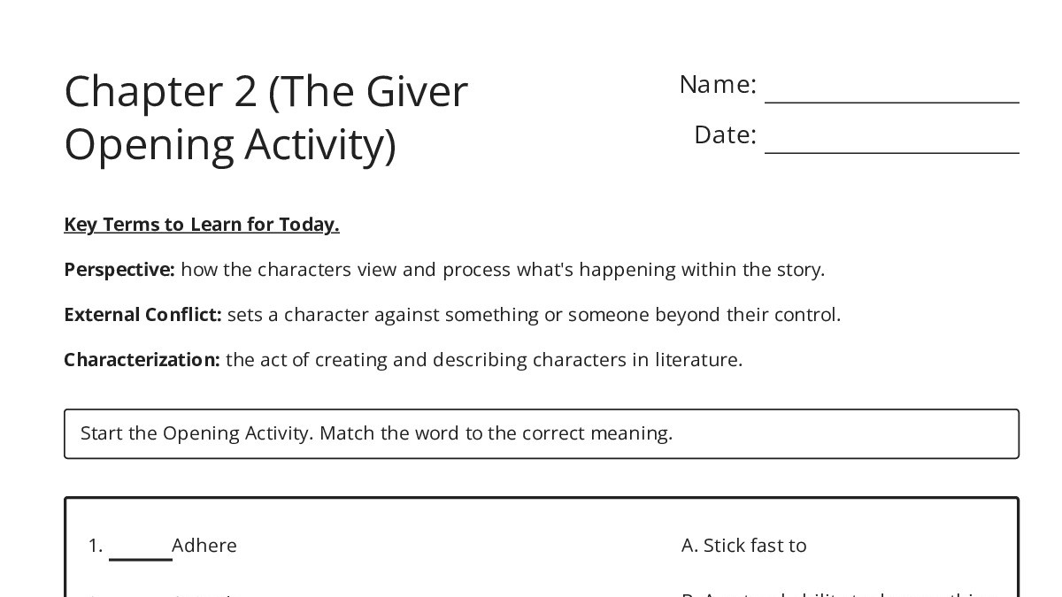 Chapter 2 (The Giver Opening Activity) - My Worksheet Maker: Create ...