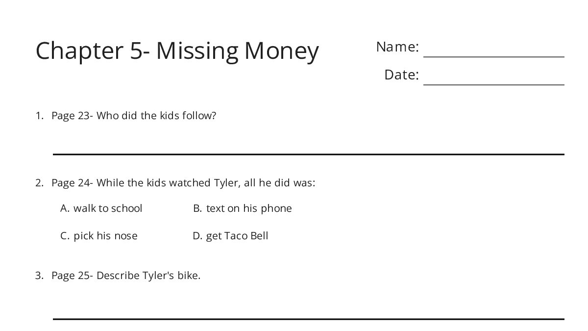Chapter 5- Missing Money - My Worksheet Maker: Create Your Own Worksheets