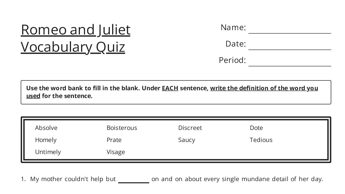 Romeo and Juliet Vocabulary Quiz - My Worksheet Maker: Create Your Own ...