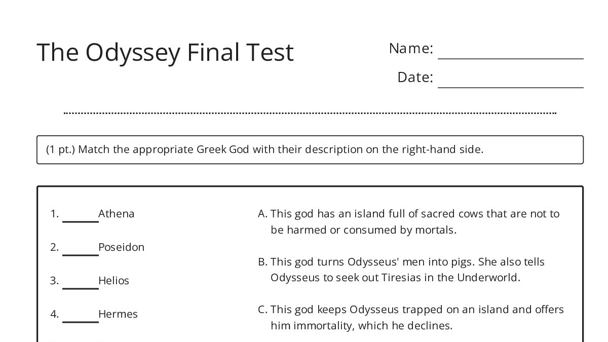 The Odyssey Final Test - My Worksheet Maker: Create Your Own Worksheets