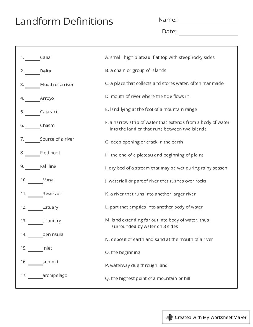 Landform Definitions - My Worksheet Maker: Create Your Own Worksheets