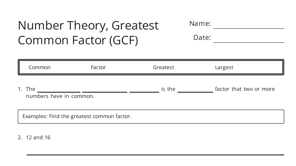 Number Theory, Greatest Common Factor (GCF) - My Worksheet Maker ...