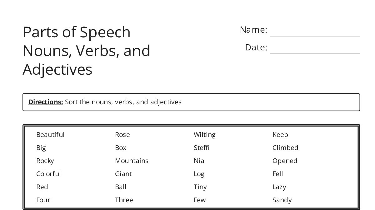Parts of Speech Nouns, Verbs, and Adjectives - My Worksheet Maker ...