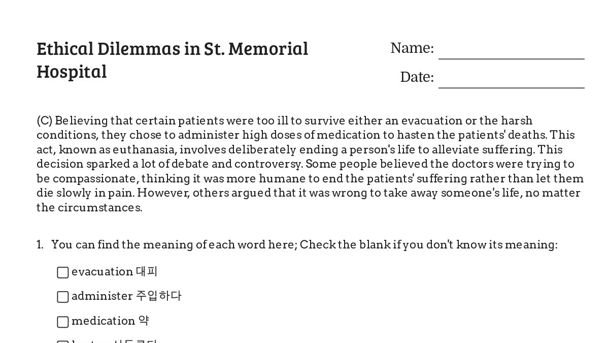 Ethical Dilemmas in St. Memorial Hospital - My Worksheet Maker: Create ...